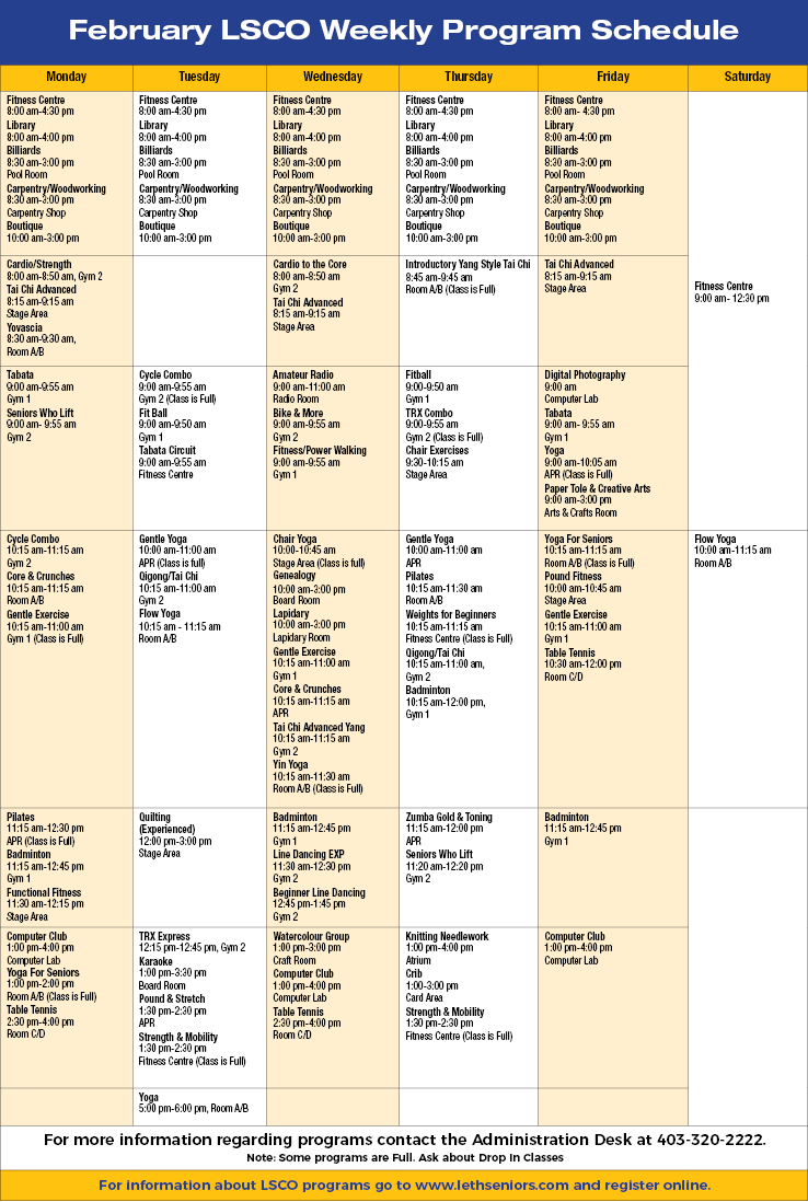Weekly Program Schedule & Drop In Classes – Lethbridge Senior Citizens ...