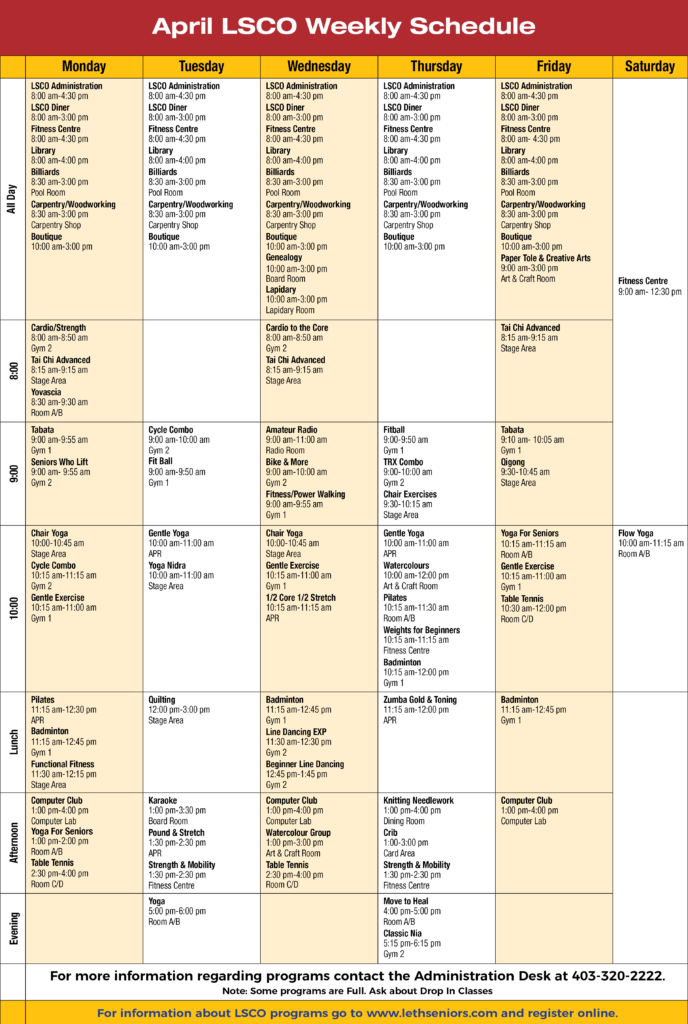 Weekly Program Schedule & Drop In Classes – Lethbridge Senior Citizens ...