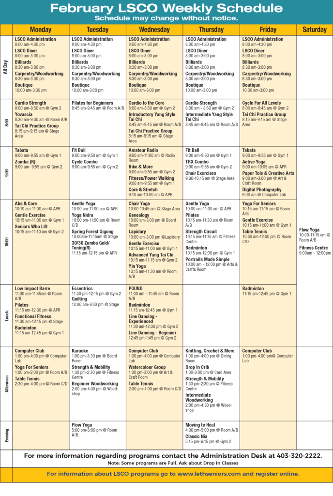 Weekly Program Schedule & Drop In Classes – Lethbridge Senior Citizens ...